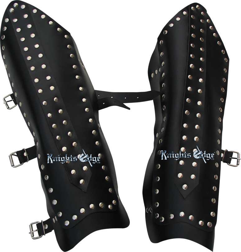 Studded Black Leather Leg Bracers (leather greaves)