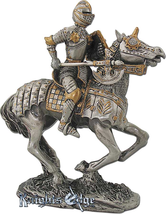 Medieval Pewter Knight Statue on Horseback